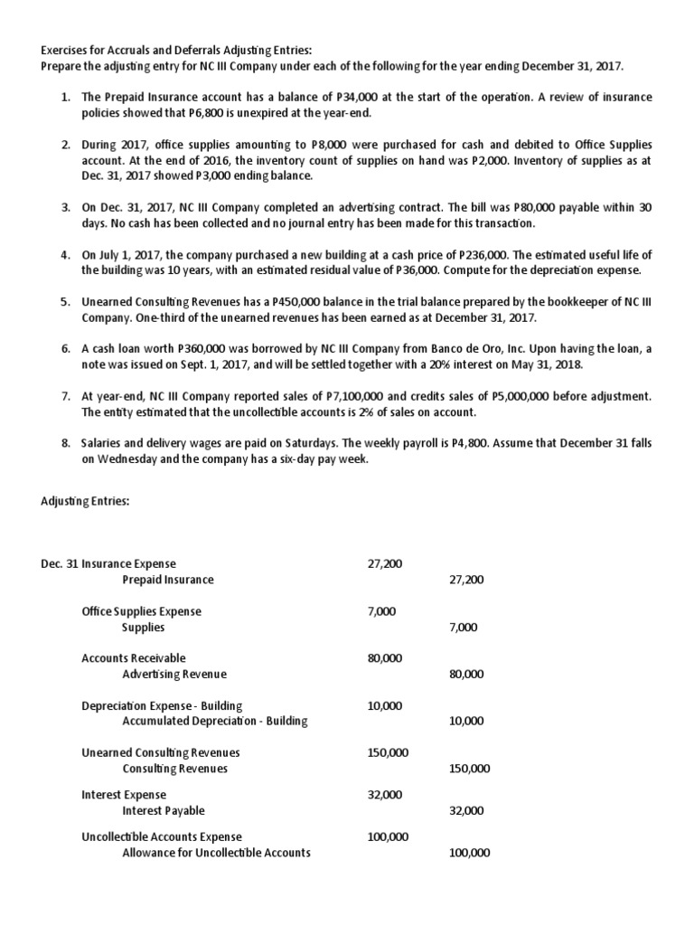 Exercises III - Accruals and Deferrals Adjusting Entries | PDF | Bookkeeping | Expense