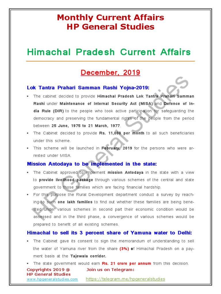 December 2019 HP Current Affairs - Watermark | PDF | Agriculture | Business