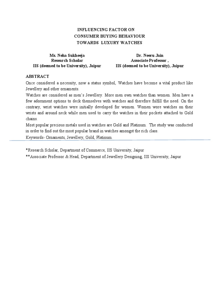 CONSUMER BUYING BEHAVIOUR TOWARDS LUXURY WATCHES Dr. Neeru Jain ...