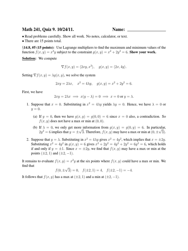 Math 241 Quiz 9 10 24 11 Name Pdf Teaching Methods Materials
