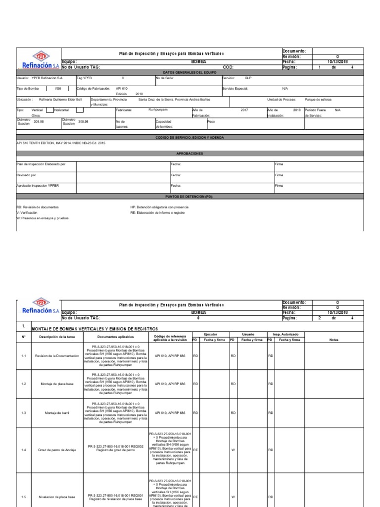 Plan de Inspeccion de Bombas Verticales VS6 | PDF