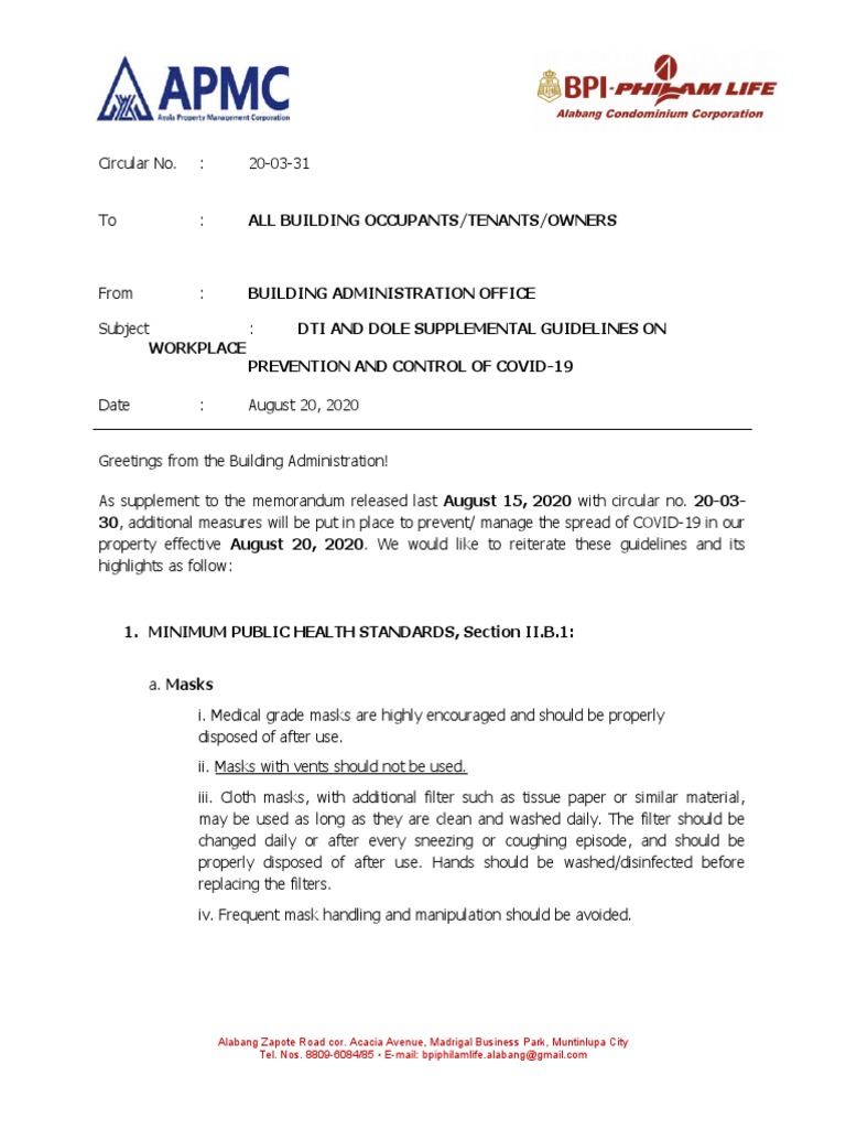 Dti and Dole Supplemental Guidelines On Workplace | PDF | Public Health