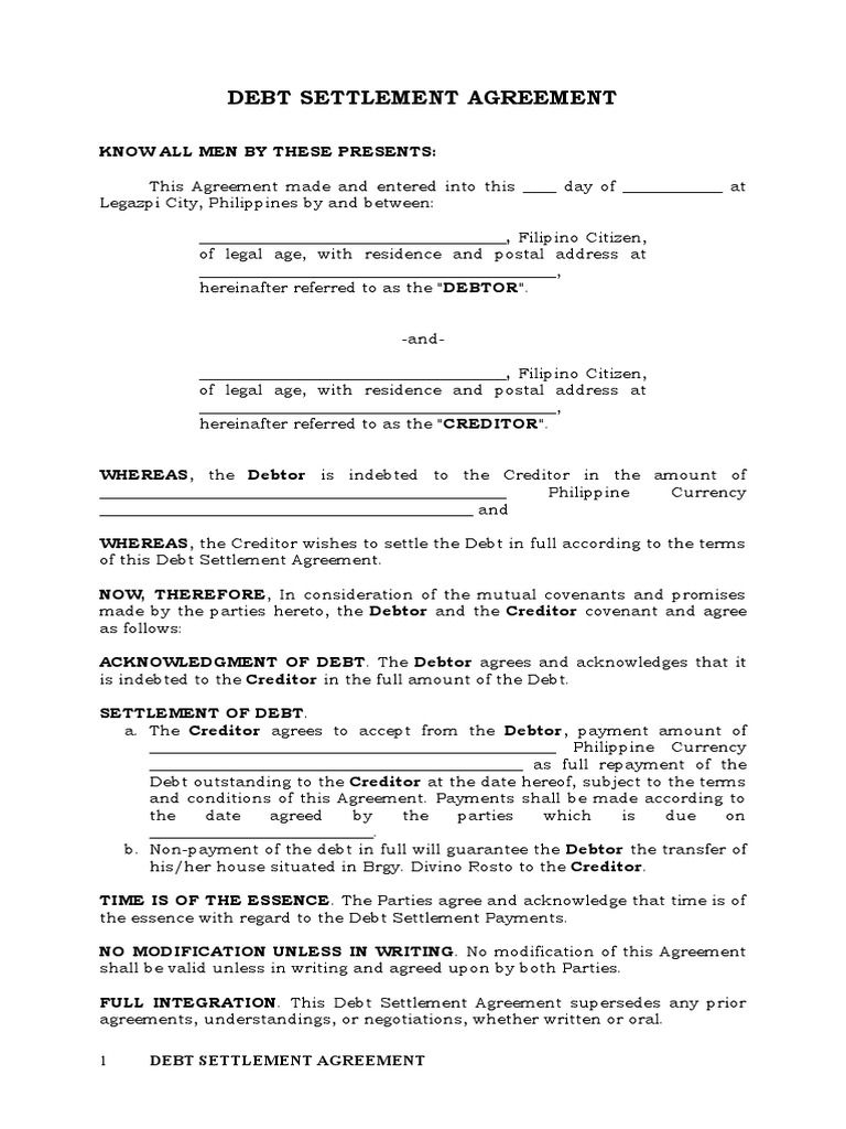 Debt Settlement Agreement | PDF | Debtor | Guarantee