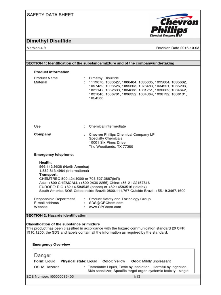 Dimethyl Disulfide: Safety Data Sheet | Download Free PDF | Dangerous ...