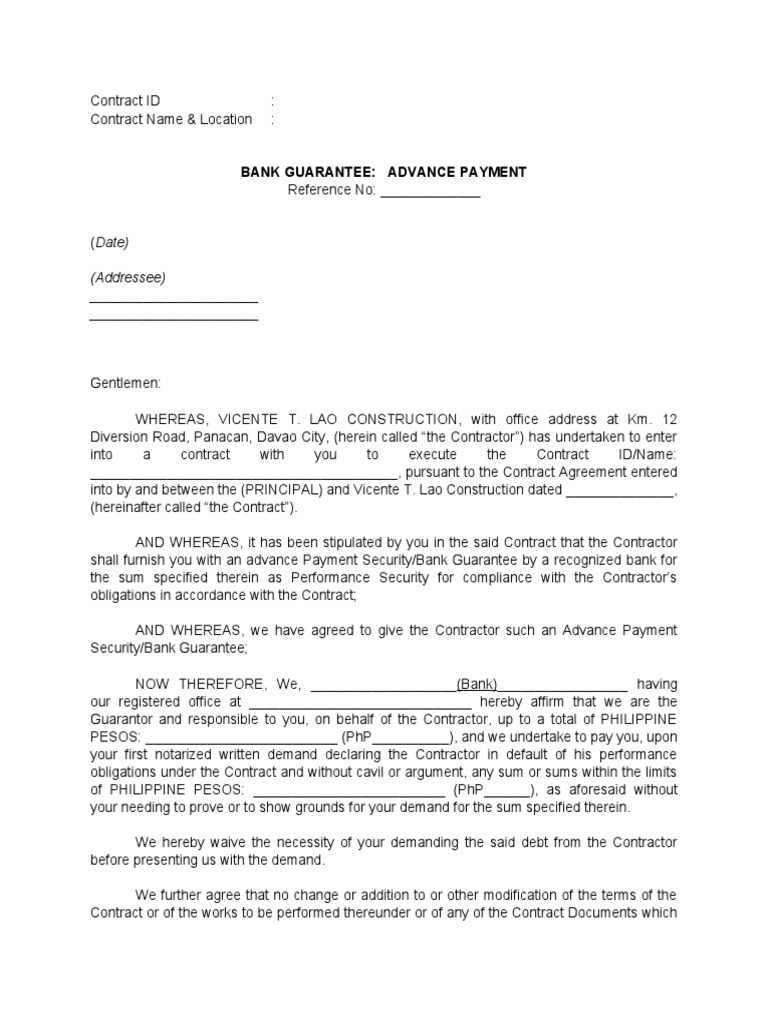 Bank Guarantee: Advance Payment: (Addressee) | PDF | Guarantee ...