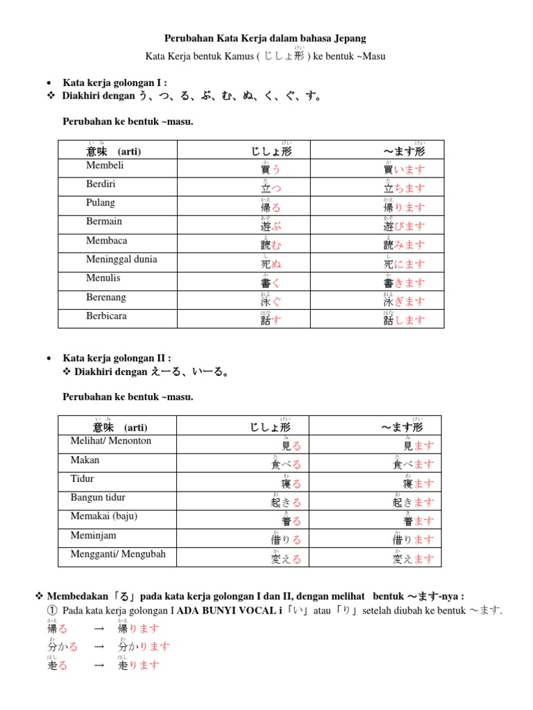 Perubahan Kata Kerja Bentuk Kamus Ke Bentuk Masu PDF | PDF