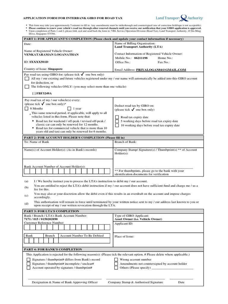 Application Form for Interbank GIRO for Road Tax Renewal: Instructions and Parts 1-4 | PDF ...