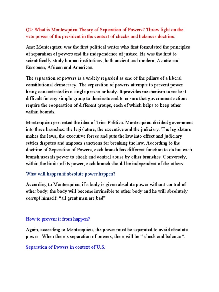 Q2: What Is Montesquieu Theory of Separation of Powers? Throw Light On ...