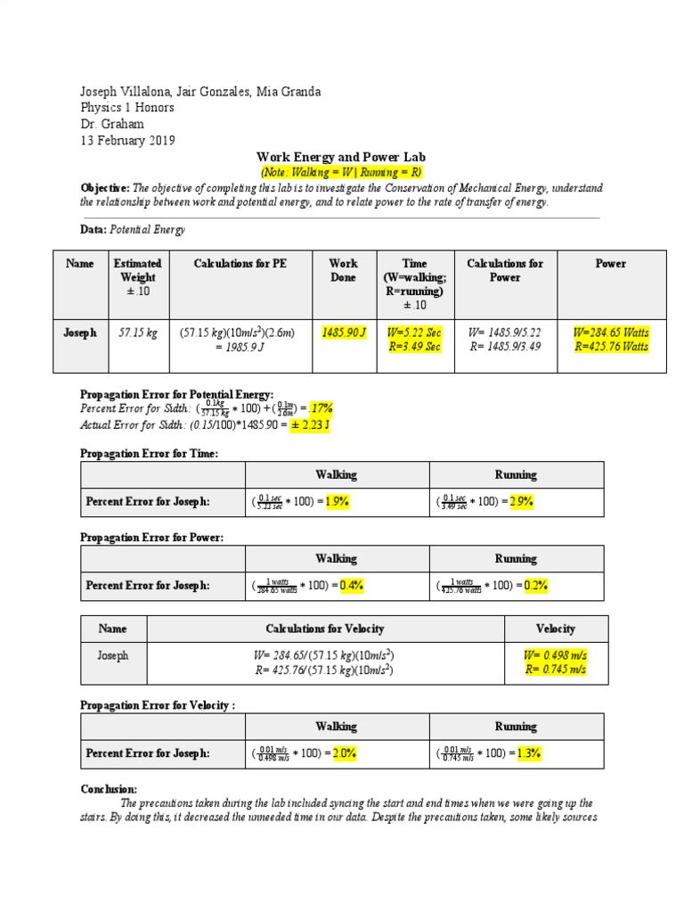 Physics Lab Energy And Power Analysis Pdf Force Applied And
