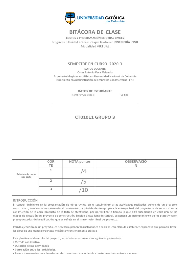 Bitacora Costos y Programacion de Obras Grupo 3 | PDF | Ingeniero civil ...