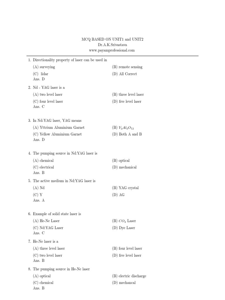 MCQ Laser Type Holography MCQ PDF | PDF | Laser | Holography