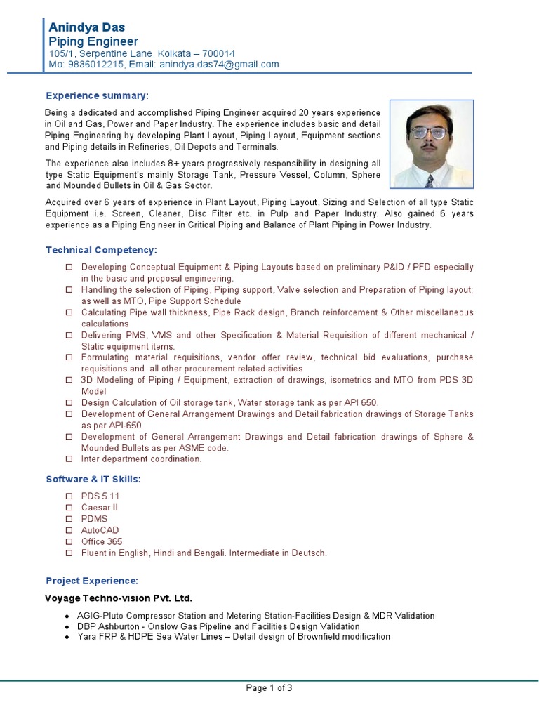CV - Anindya Das | PDF | Power Station | Pipe (Fluid Conveyance)