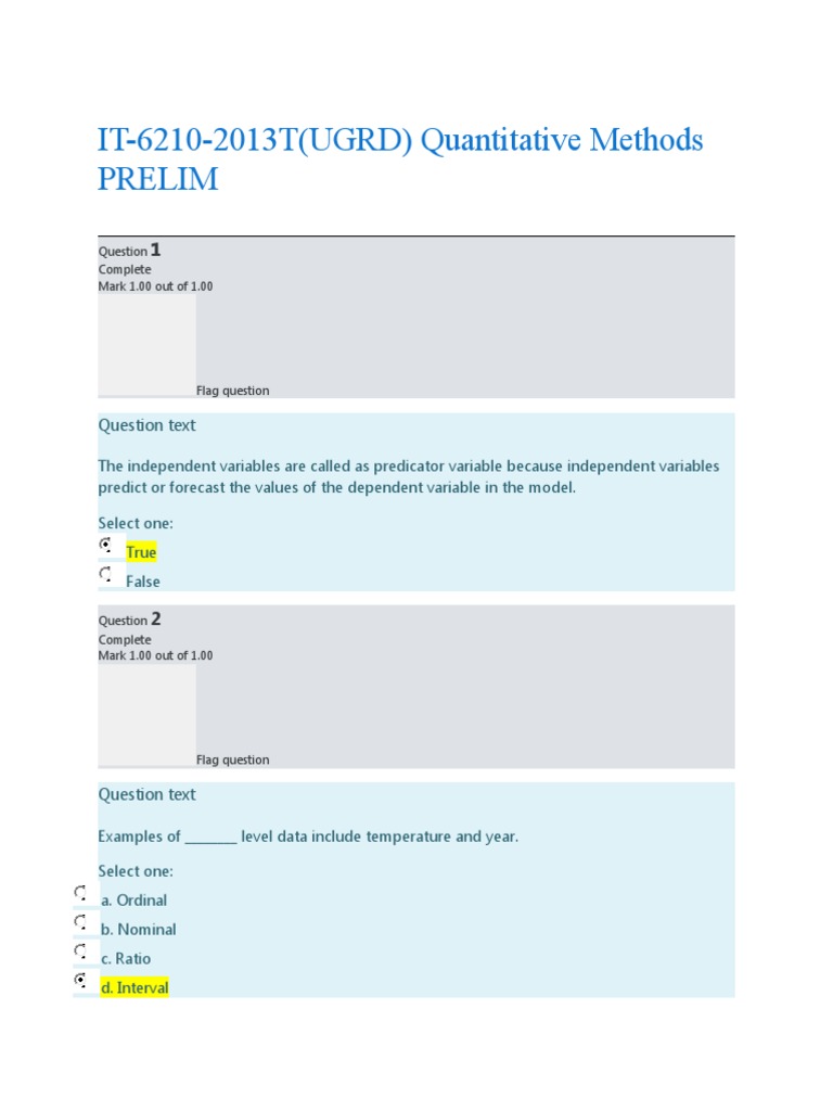 IT-6210-2013T (UGRD) Quantitative Methods Prelim: Question Text | PDF | Level Of Measurement ...