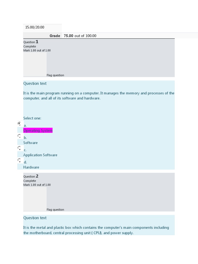 Grade 75.00 Out of 100.00: Question Text | PDF | Computer Hardware ...