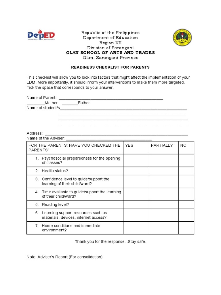 Parent Readiness Checklist: Preparing for the Learning Delivery ...