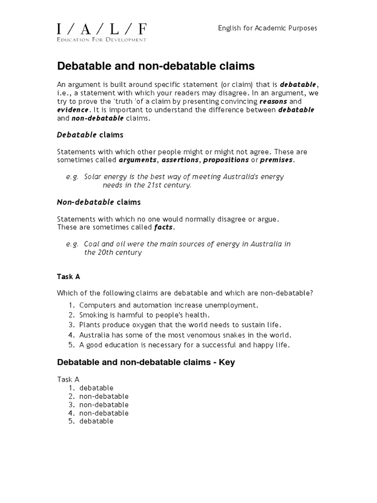 Debatable Versus Non-Debatable Claims | PDF | Australia | Argument