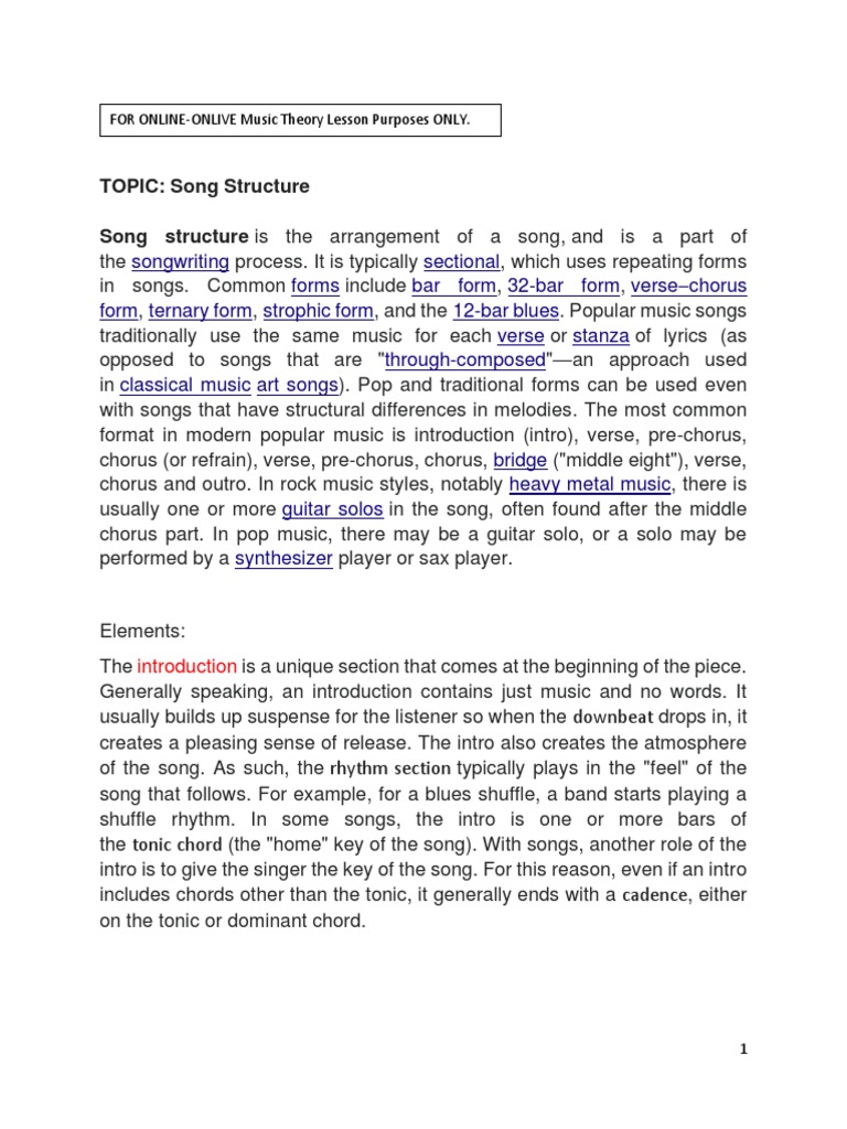 TOPIC: Song Structure Song Structure Is The Arrangement of A Song, and ...