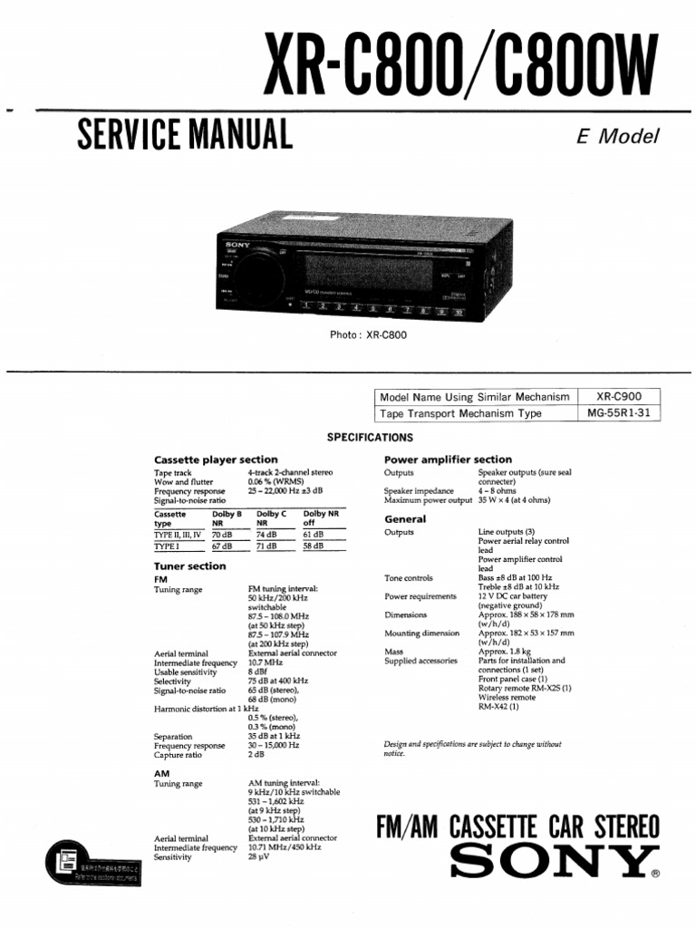 Sony XR-C800, XR-C800W FM Cassette Car Stereo Service Manual | PDF