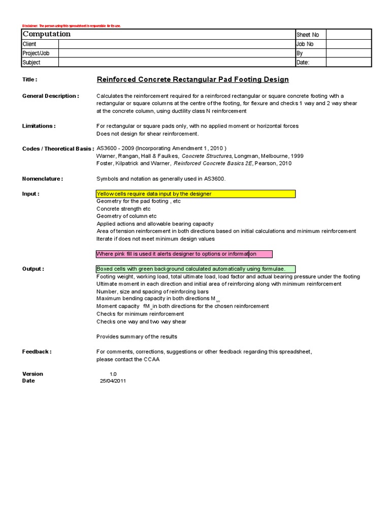 Reinforced Concrete Rectangular Pad Footing Design | PDF | Bending ...