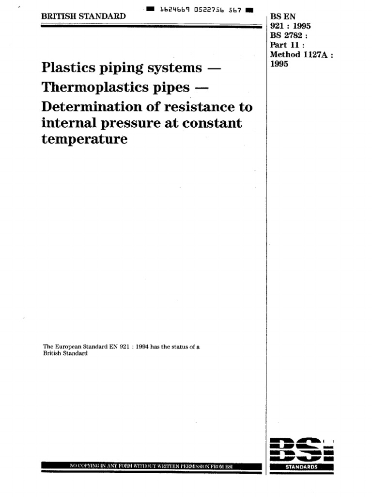 BS EN 921-1995 - BS 2782-11 Method 1127A-1995 Plastics Piping Systems ...