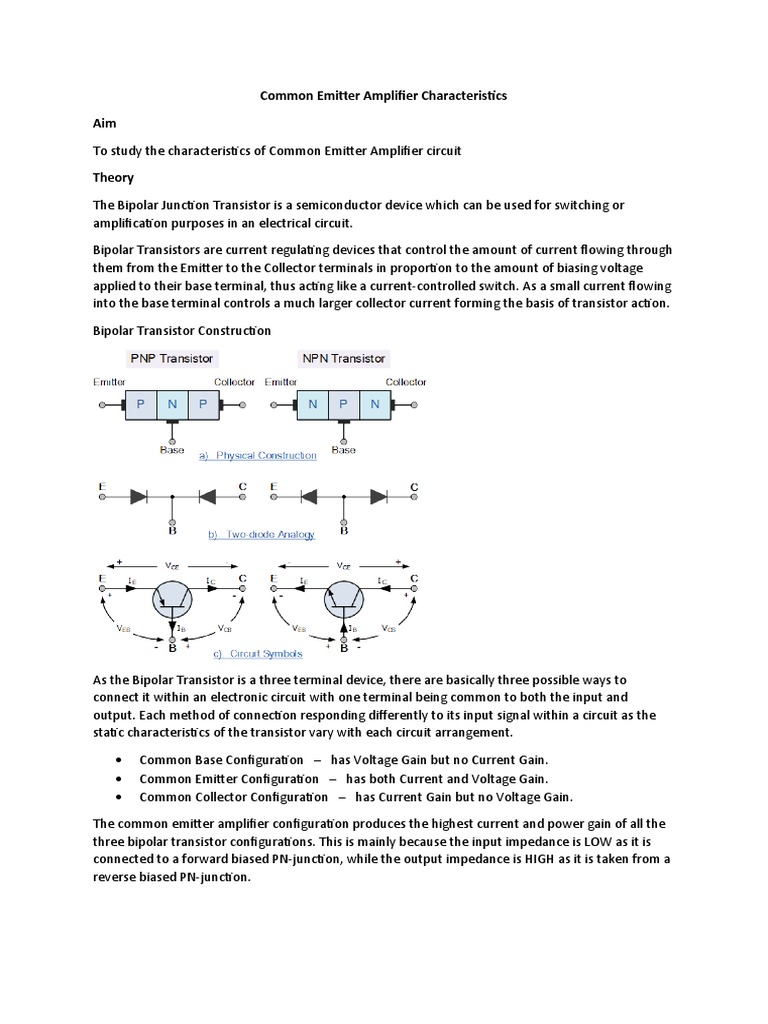 Common Emitter Amplifier Characteristics Pdf Bipolar Junction