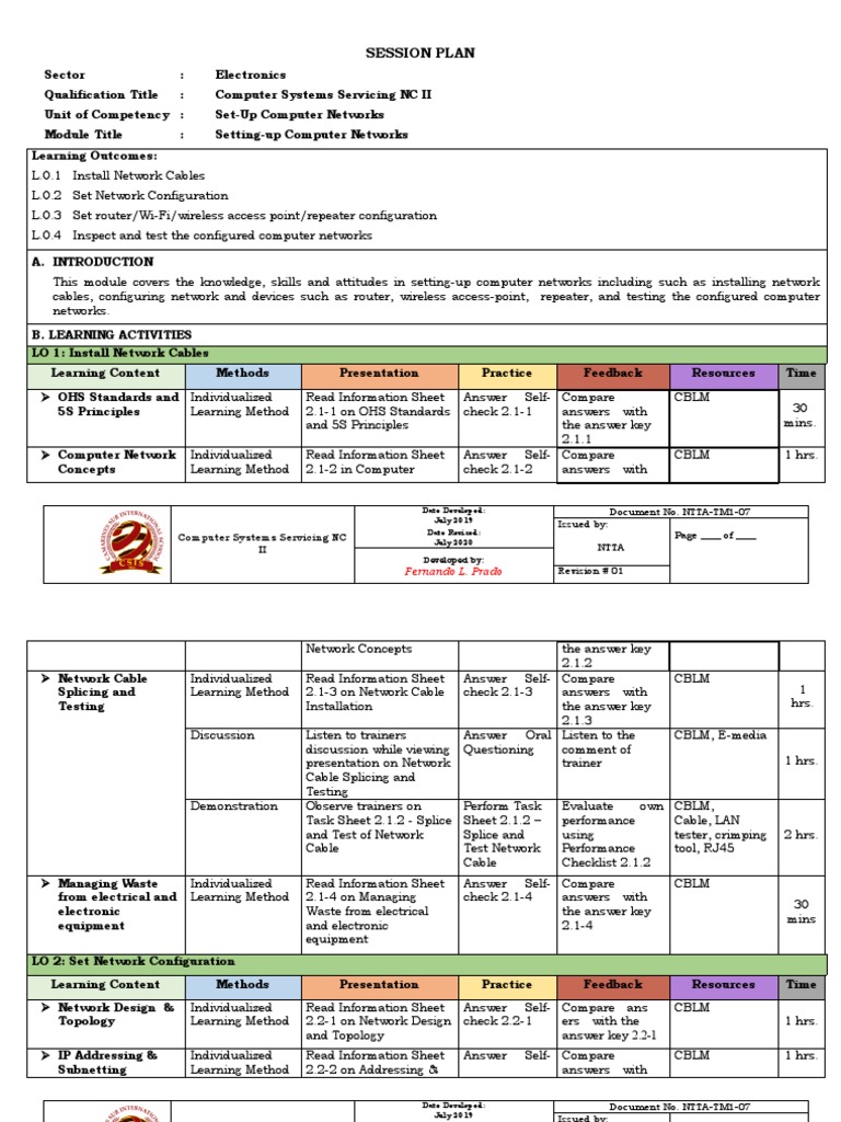 Session Plan: Computer Systems Servicing NC II | PDF | Router (Computing) | Computer Network