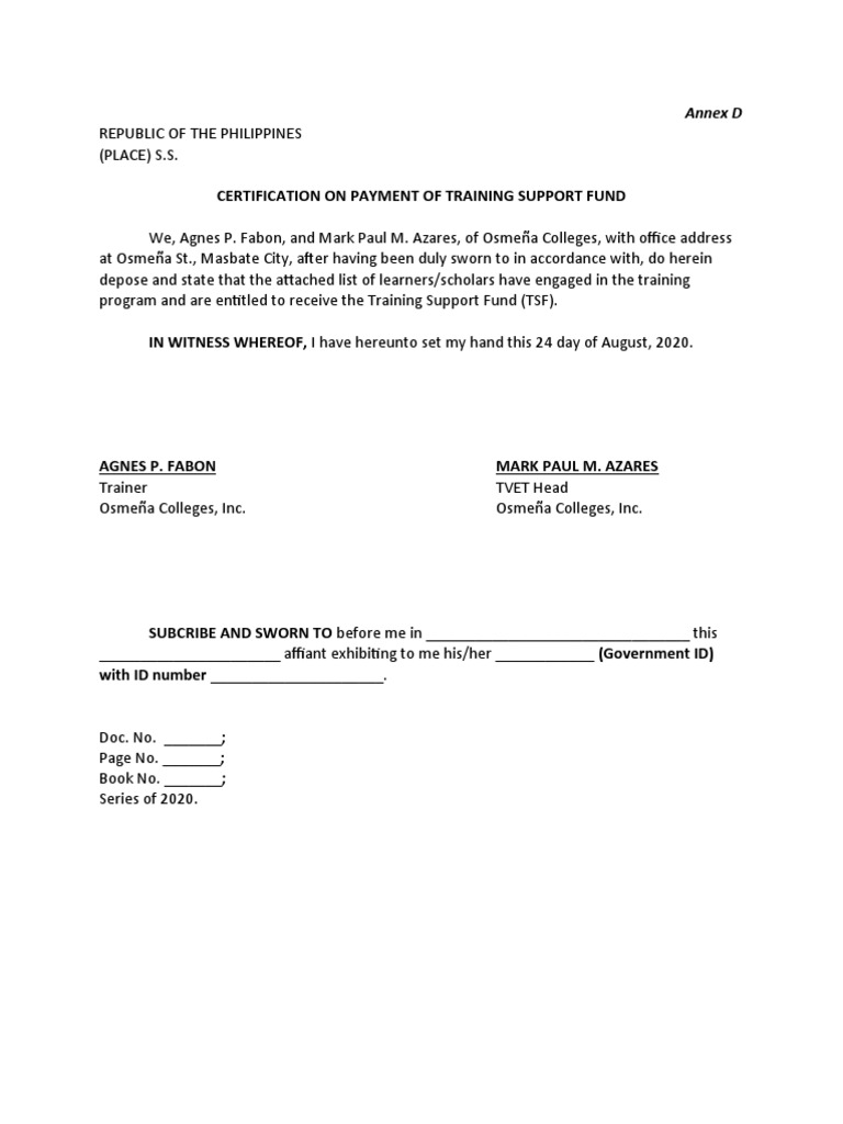Certification for Training Support Fund | PDF