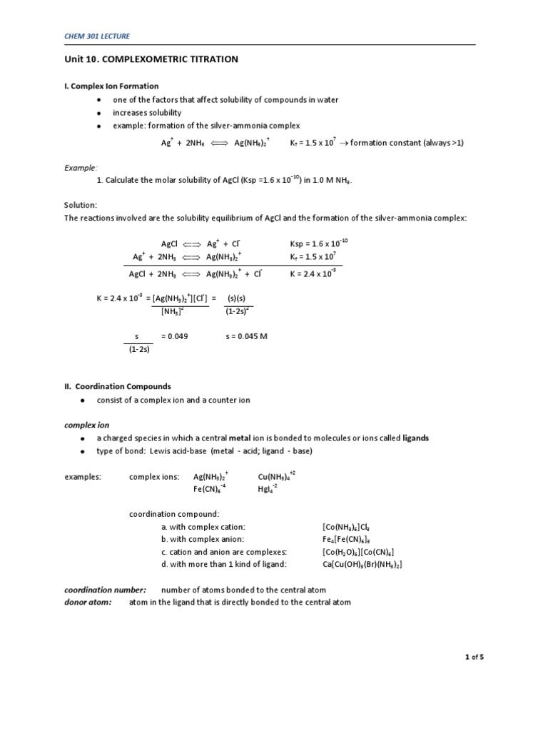 Unit 10. Complexometric Titration: I. Complex Ion Formation | PDF | Coordination Complex | Ligand
