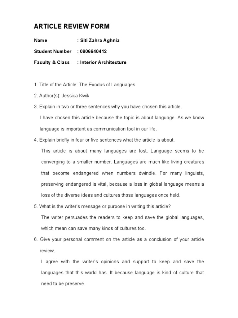 Article Review Form: Name: Siti Zahra Aghnia Student Number: 0906640412 ...