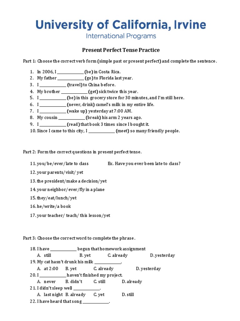 Present Perfect Tense Practice | PDF | Grammar | Linguistics