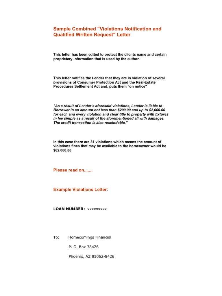 Sample Mortgage Violations Letter | PDF | Truth In Lending Act | Loans