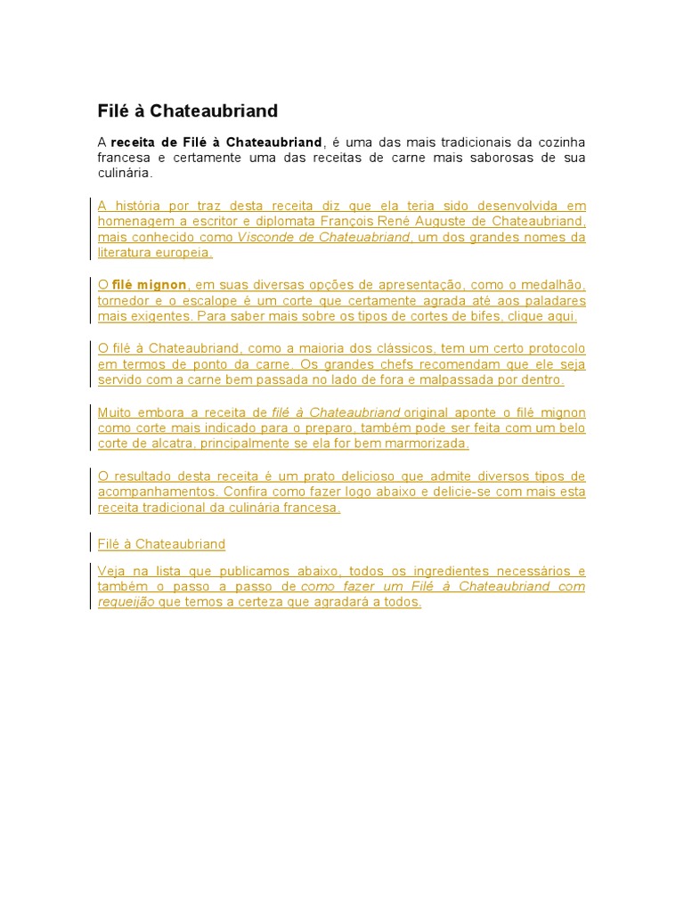 Cortes Do Filet-Mignon - Filé À Chateaubriand e Outros | PDF | Caldo ...