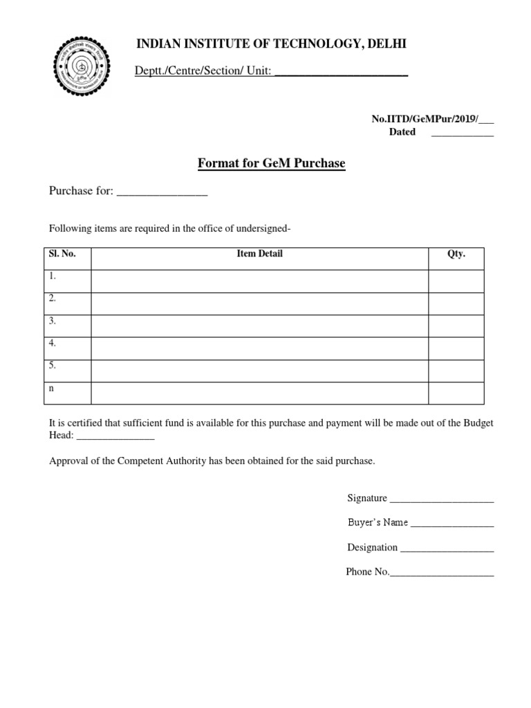 Deptt./Centre/Section/ Unit: - : Format For Gem Purchase | PDF