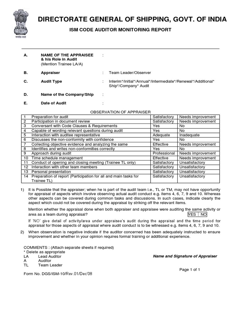 Directorate General of Shipping, Govt. of India: Ism Code Auditor ...
