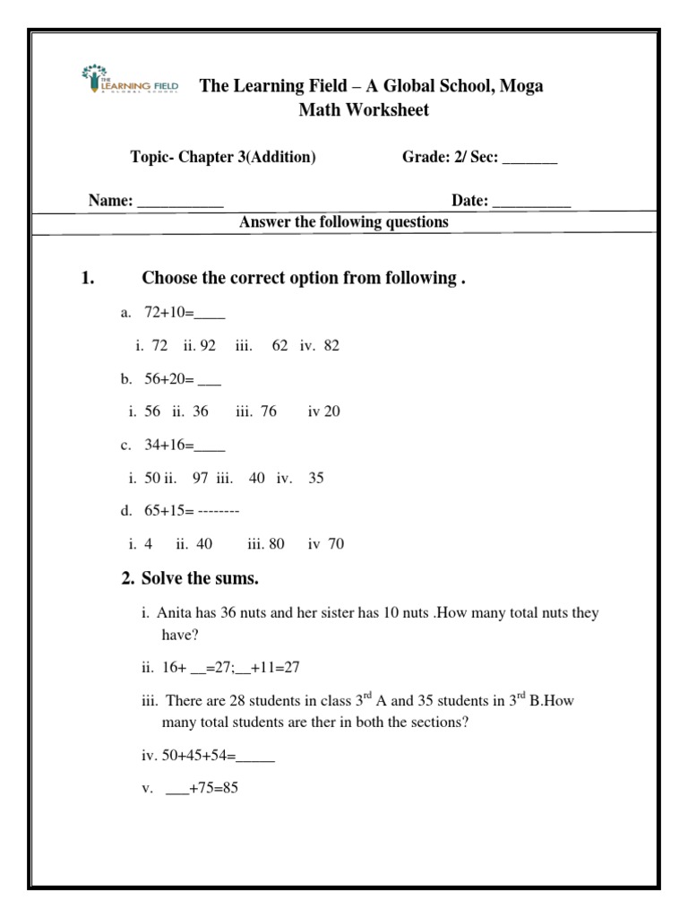 Worksheet of Grade 2 Maths Chap 3 Addition PDF | PDF