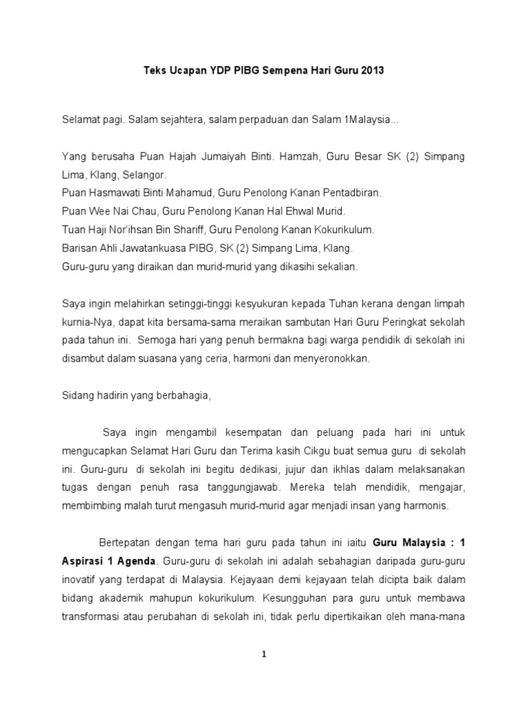 Teks Ucapan YDP PIBG Sempena Hari Guru 2013 | PDF