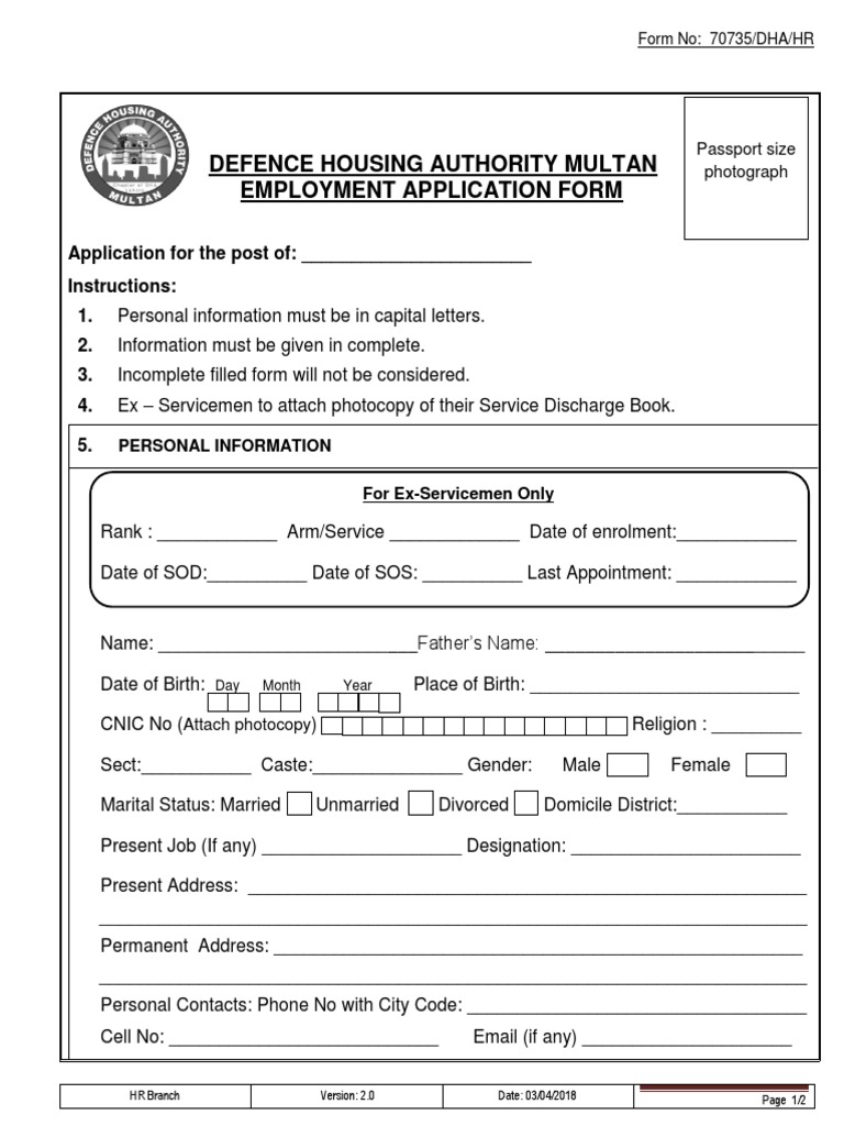 Defence Housing Authority Multan Employment Application Form | PDF ...