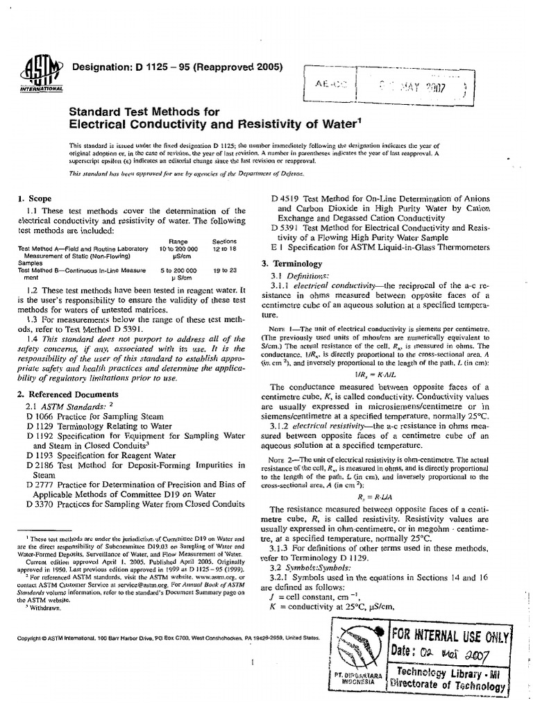 Astm D1125-2005 Conductivity | PDF