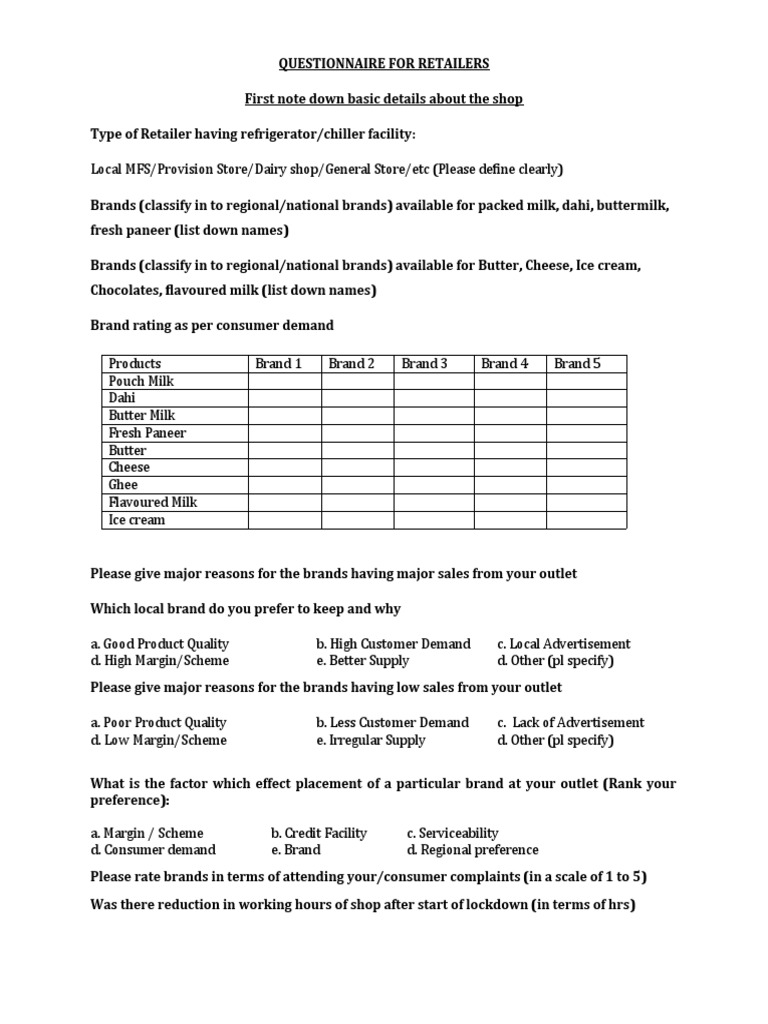 Questionnaire For Retailers | PDF | Retail | Milk