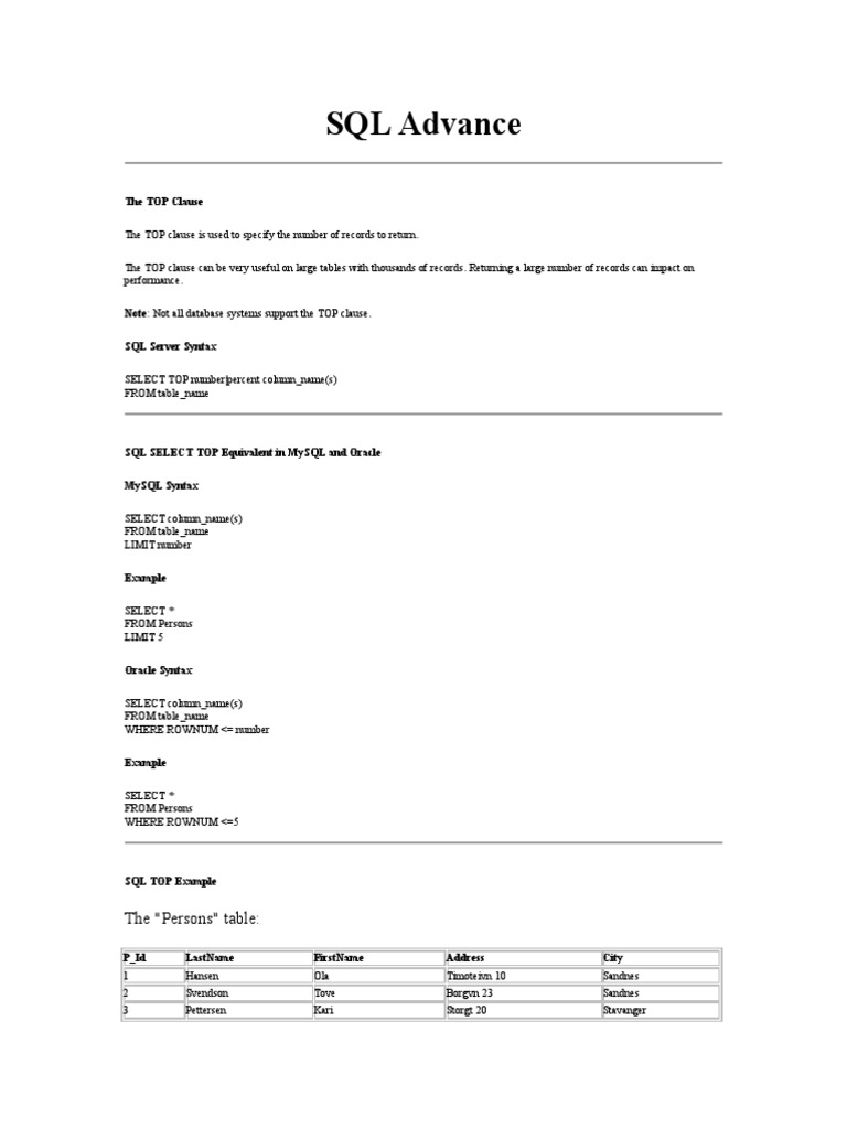 SQL Advance: The TOP Clause | PDF | Database Index | Relational Database
