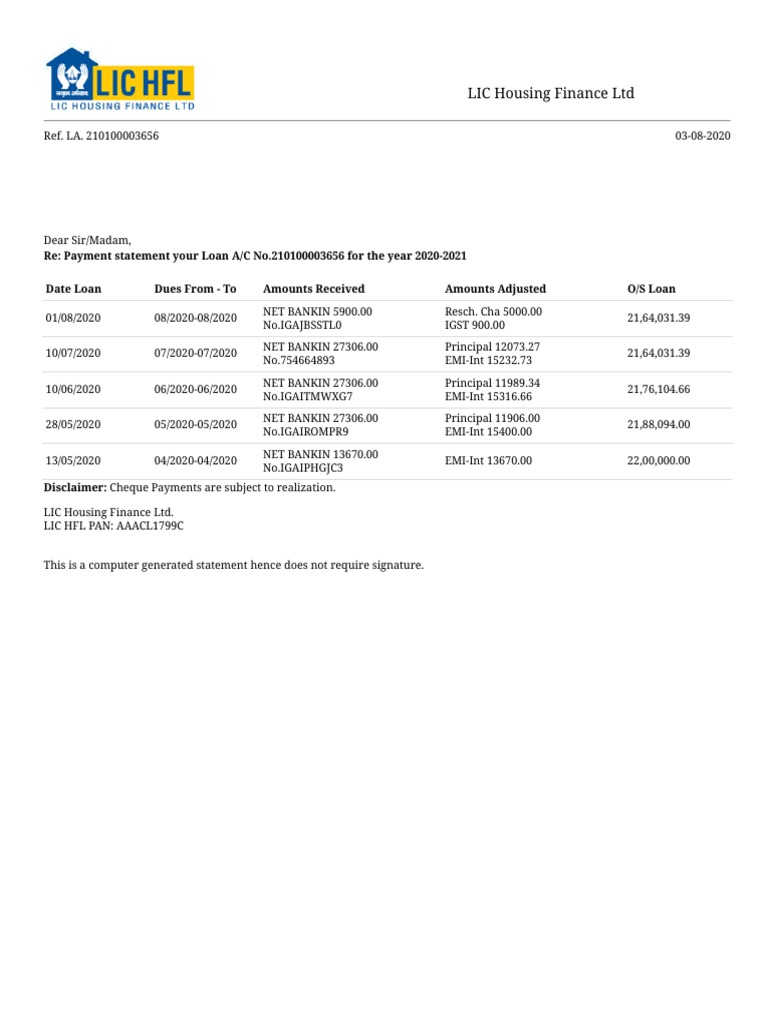 Loan Ledger - LIC HFL - Customer Portal PDF | PDF