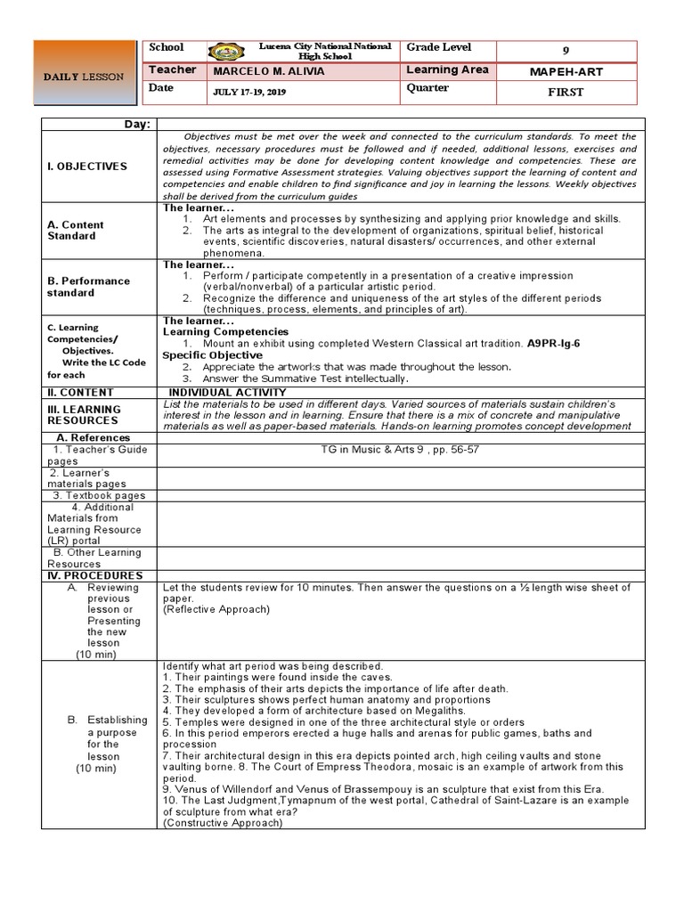 School Grade Level 9 Teacher Learning Area Mapeh-Art Date Quarter First ...