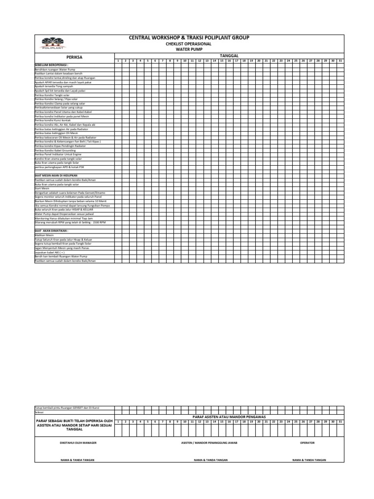 Checklist Operasional Water Pump | PDF