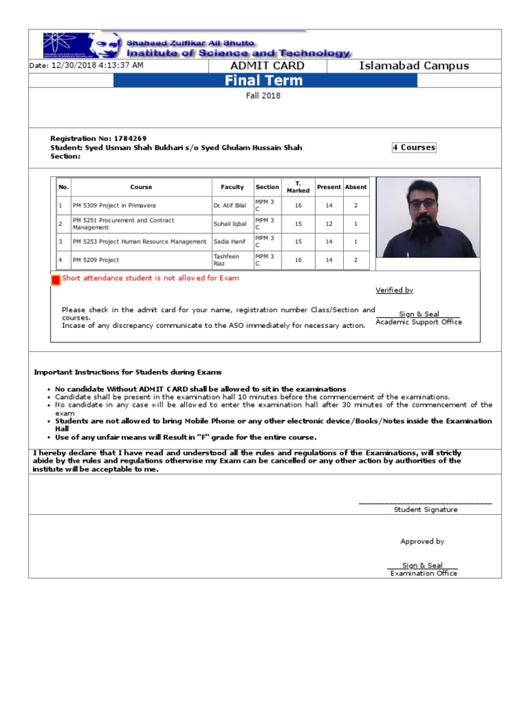 SZABIST Admit Card Fall2018 | PDF | Learning