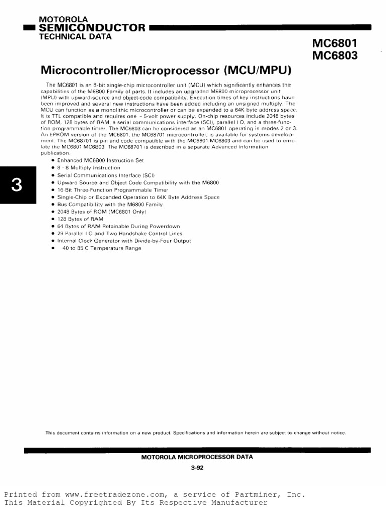 Motorola MC6801 - MC6803 Microcontroller - Microprocessor | PDF ...