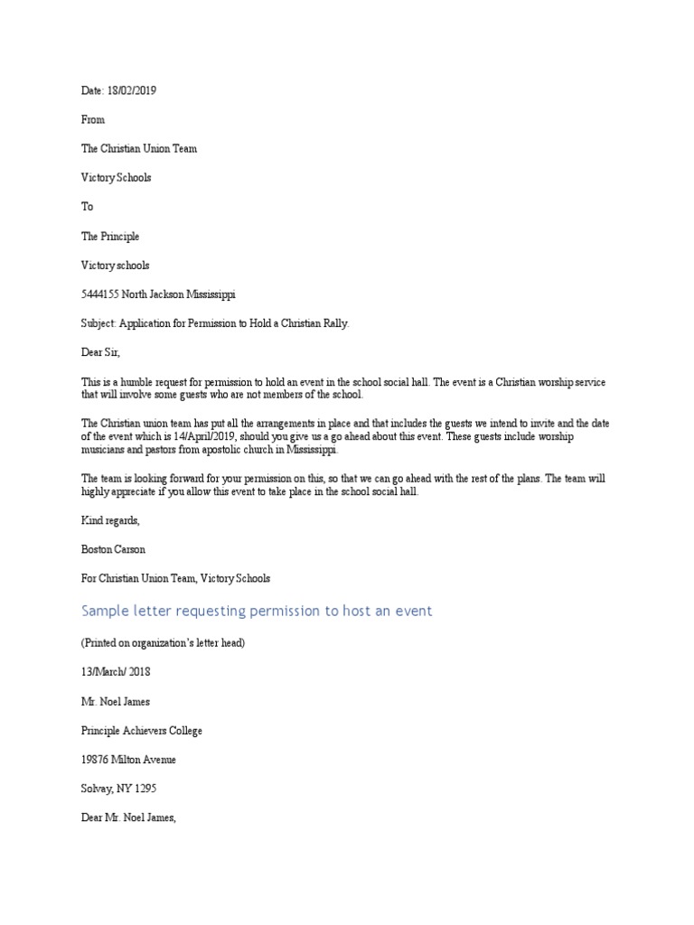 Sample Letter Requesting Permission To Host An Event | PDF