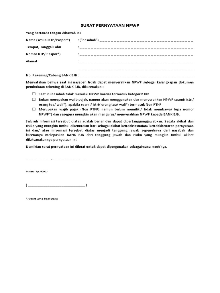 Surat Pernyataan NPWP | PDF