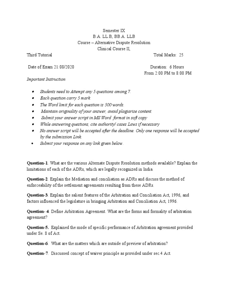 Third Tutorial Questions ADR | PDF