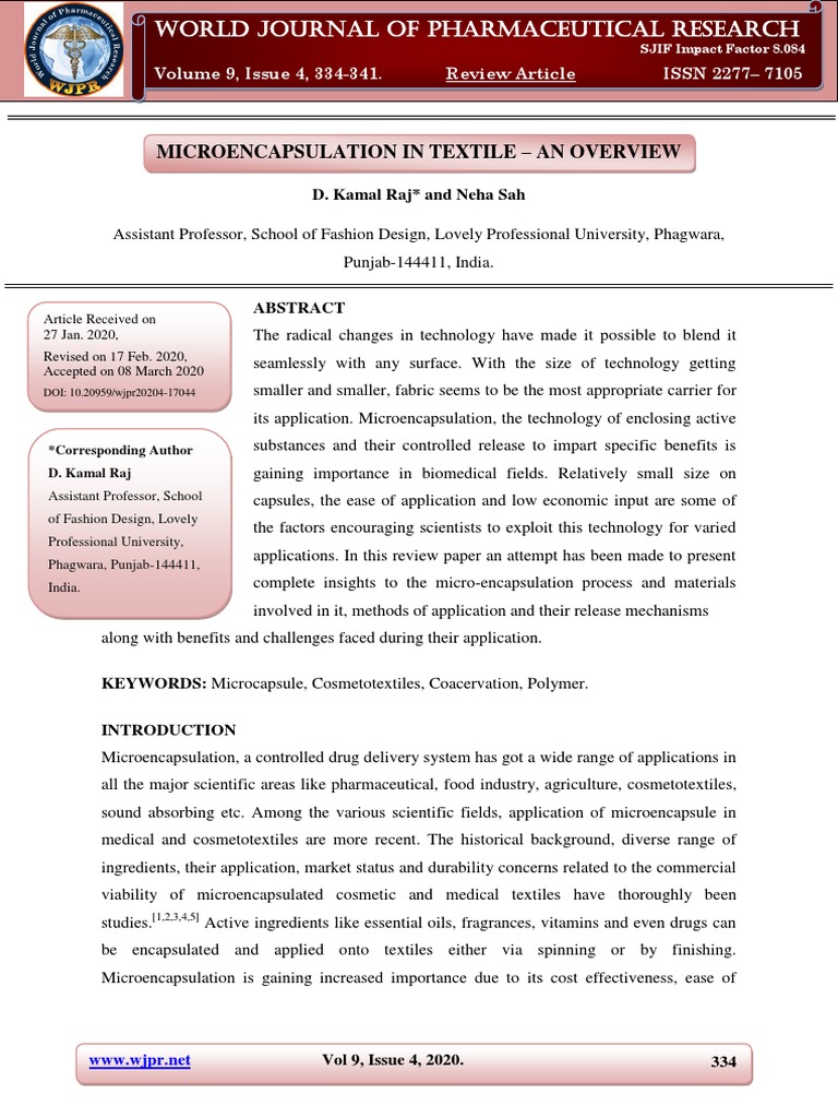 Microencapsulation in Textiles: An Overview of Methods, Materials ...