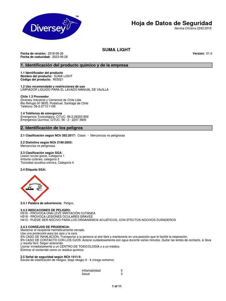 Suma Light MSDS 2019 | PDF | Sal (química) | Agua